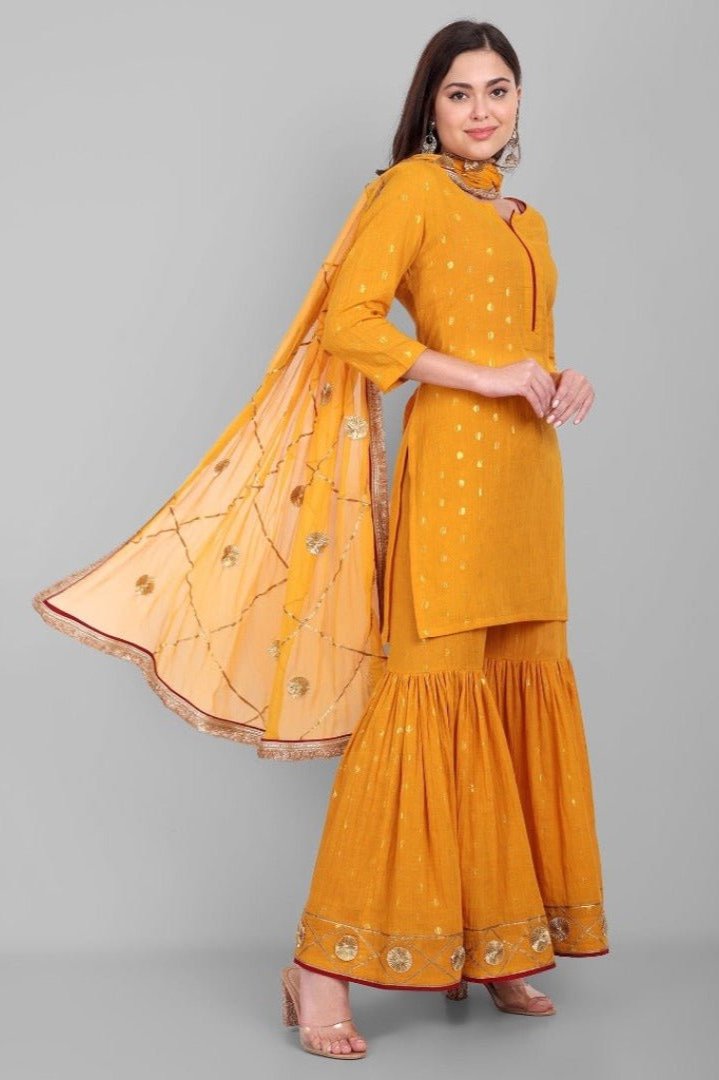 Genda Phool Yellow Gharara Kurta and Dupatta - Set of 3 – Mera Rang
