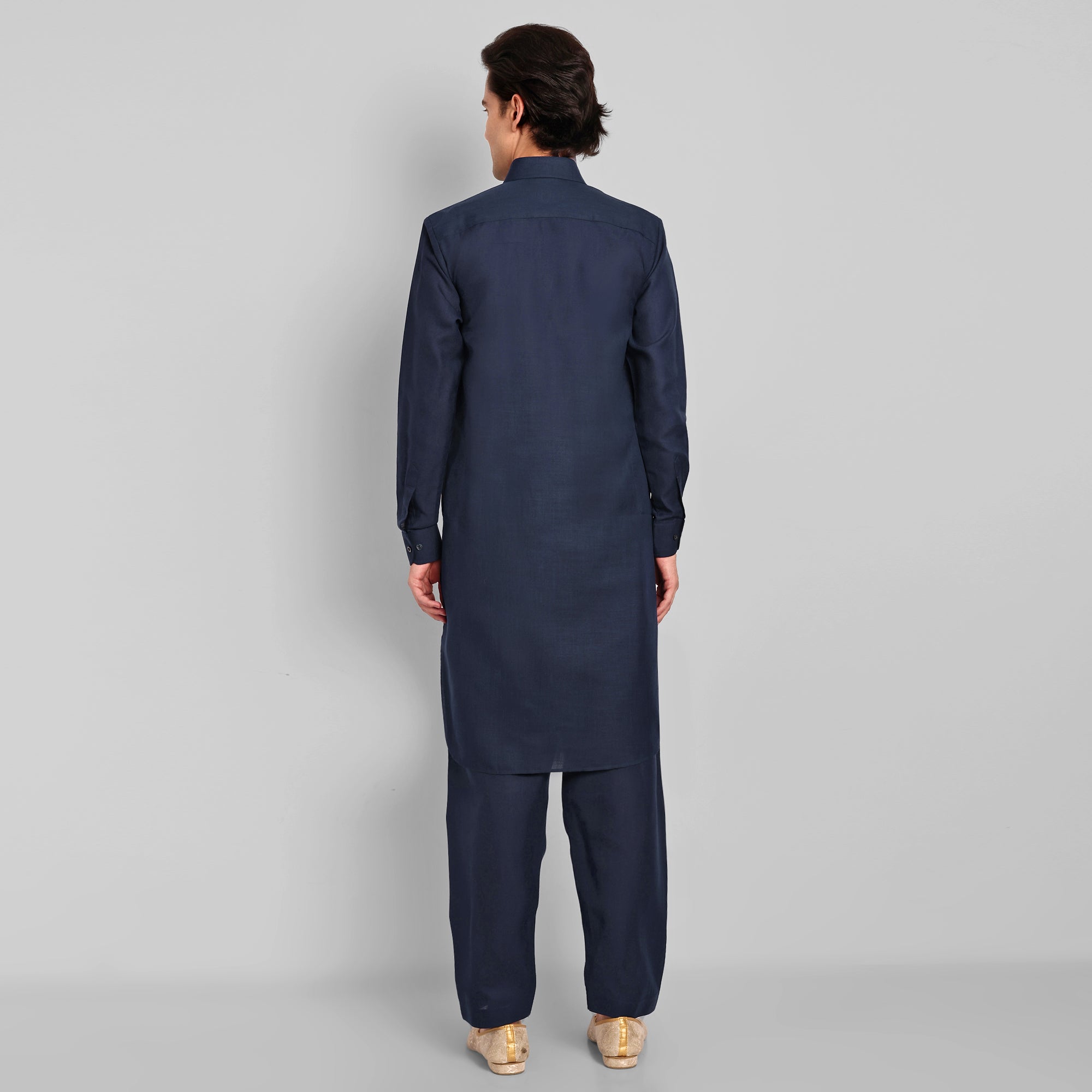 Navy Blue Cotton-Linen Pathani Suit – Mera Rang