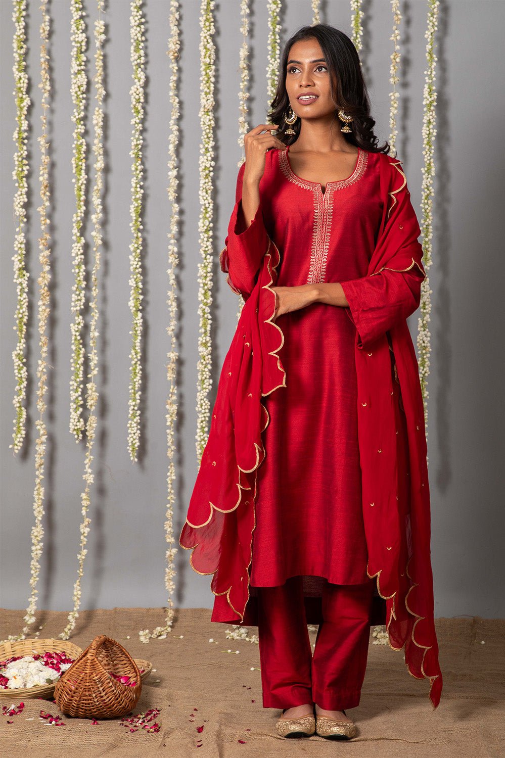 Chand Deep Red Cotton Silk Kurta with Organza Silk Dupatta - Set of 3 ...