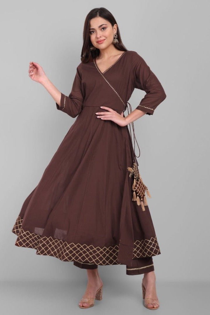 Amreen Coco Brown Angrakha kurta and Dupatta - Set of 3 – Mera Rang