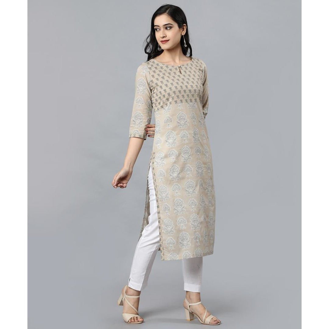 Women's Beige Buta Long Pure Cotton Kurta for Pants, Leggings | Rang ...