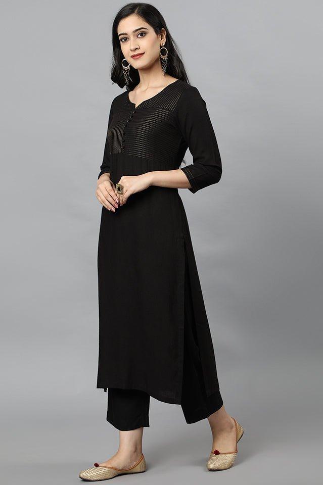 Women's Black Sonapani Rayon Kurta With Golden Threadwork | Rang – Mera ...