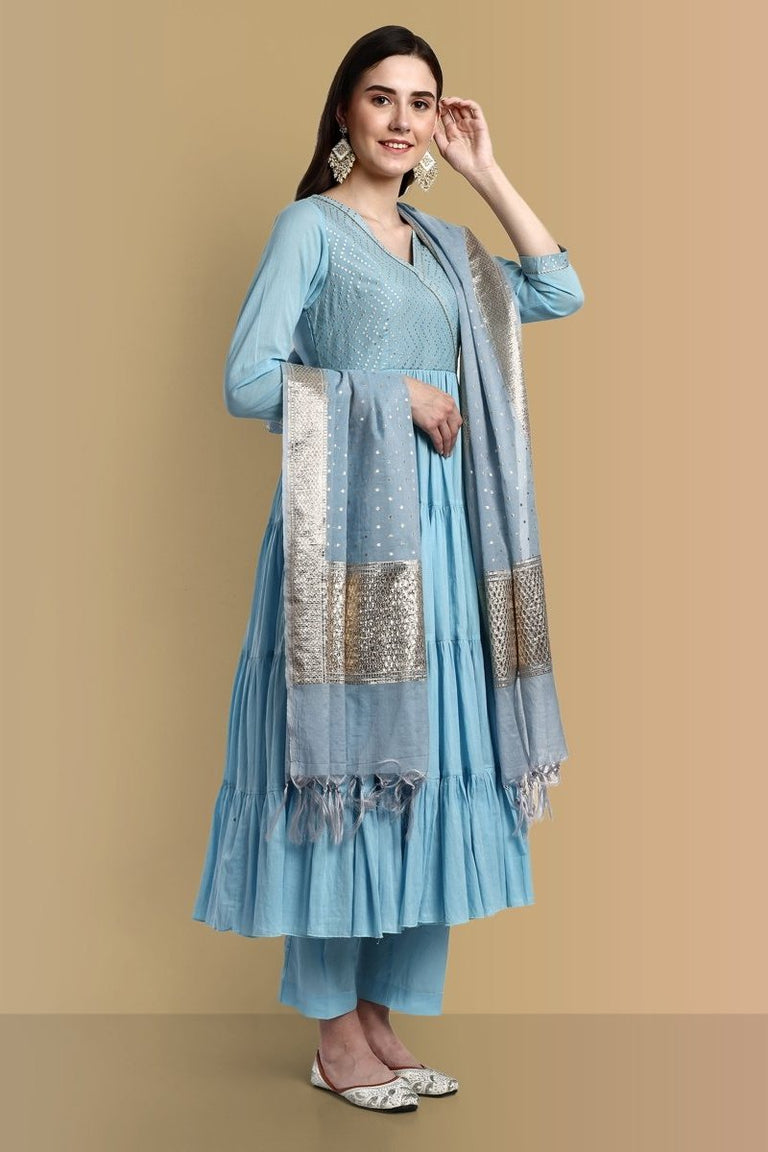 Powder Blue Graduated Anarkali - Set of 3 – Mera Rang