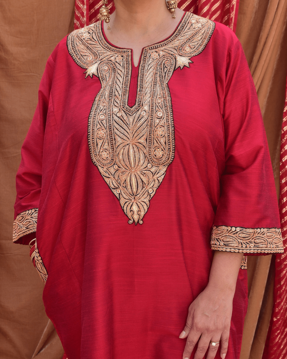 Silk Red Phiran with Gold Tilla Embroidery – Mera Rang